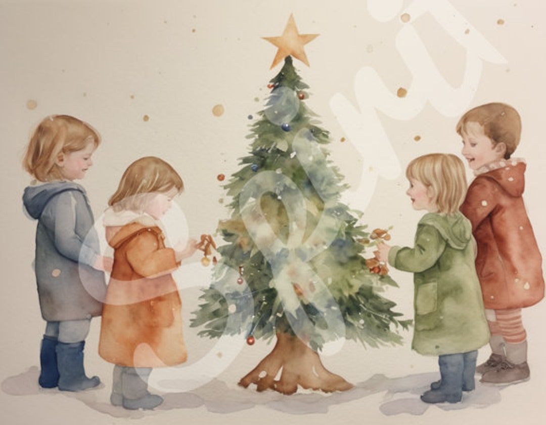 Watercolor Painting of Children Around a Christmas Tree - Etsy
