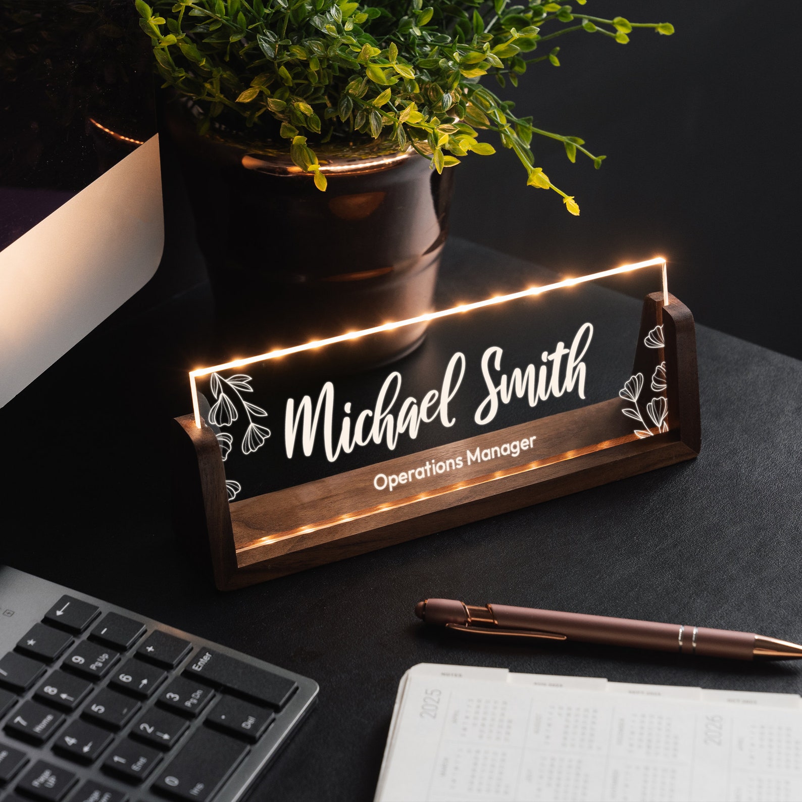 Custom Name Plate With Wooden Base | Lighted Acrylic Nameplate | Desk ...