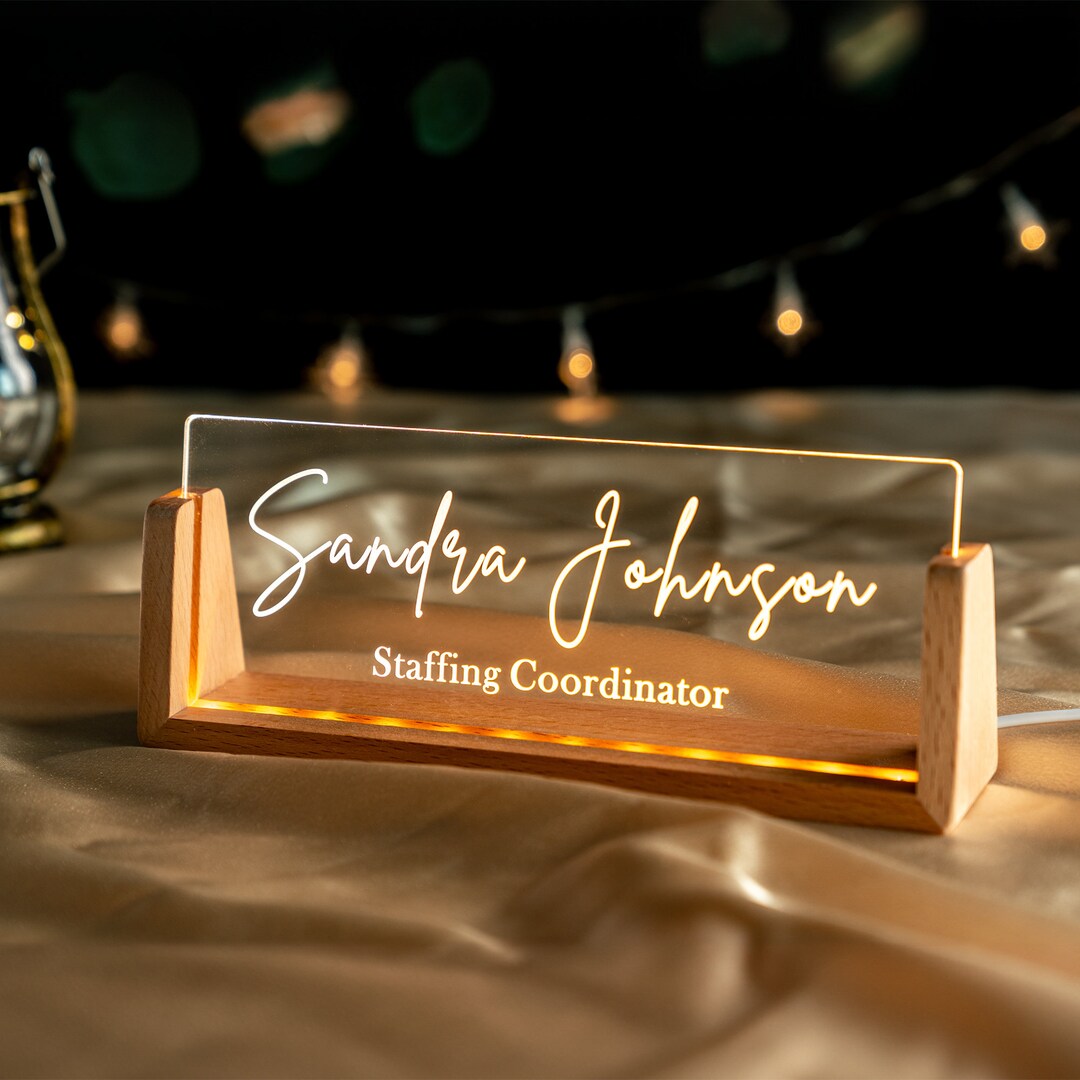 Custom Desk Name Plate | Lighten Acrylic Name Sign With Wooden Base ...
