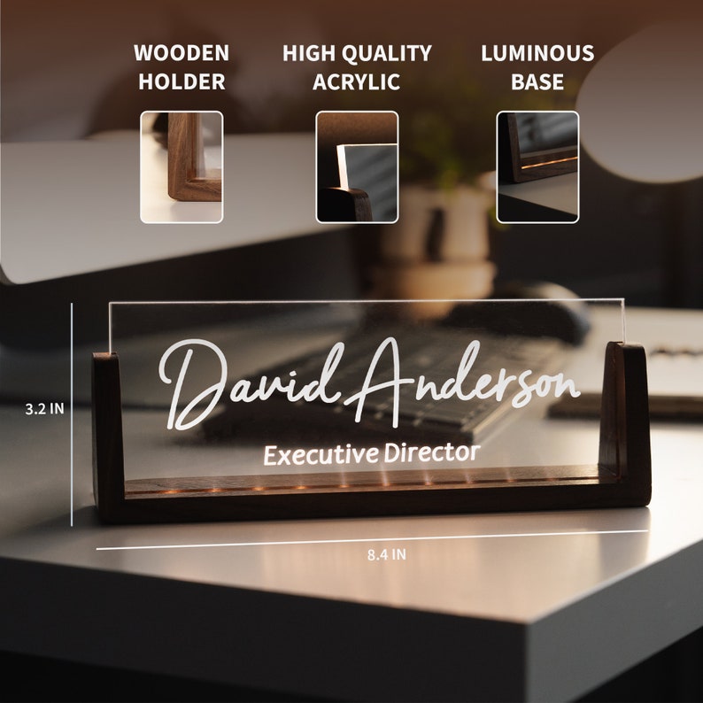 Custom Name Plate With Wooden Base | Lighted Acrylic Nameplate | Desk ...