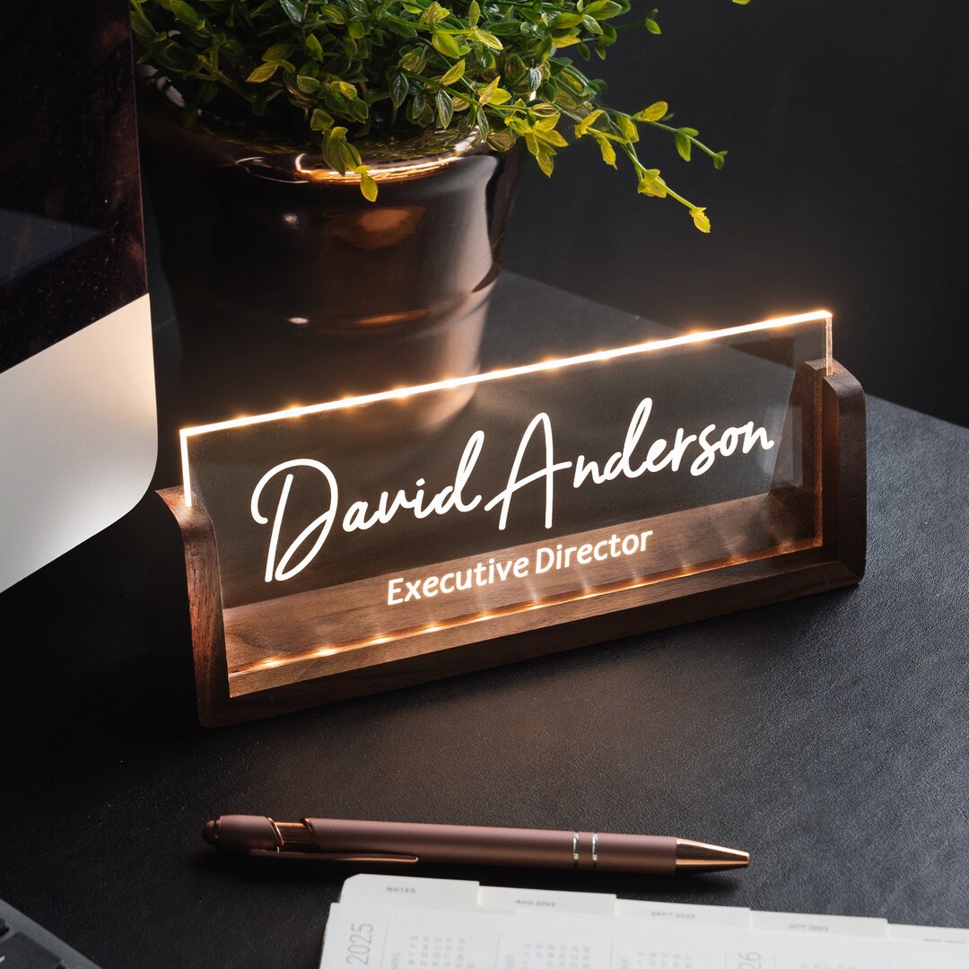 Custom Name Plate With Wooden Base | Lighted Acrylic Nameplate | Desk ...