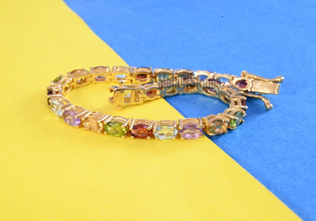 Multi Gemstone Tennis Bracelet, 925 Sterling Silver Oval Shape Multi ...