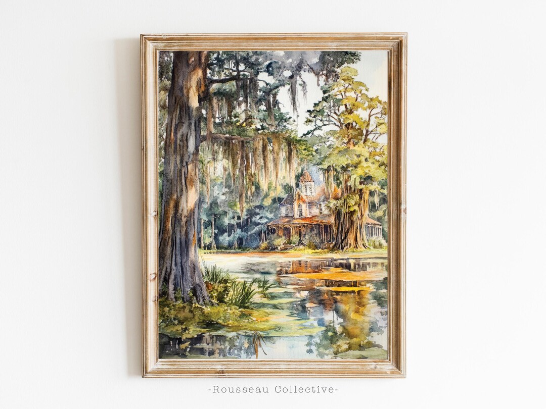 Deep South Bayou Landscape Art Print: Vintage Watercolor Artwork ...