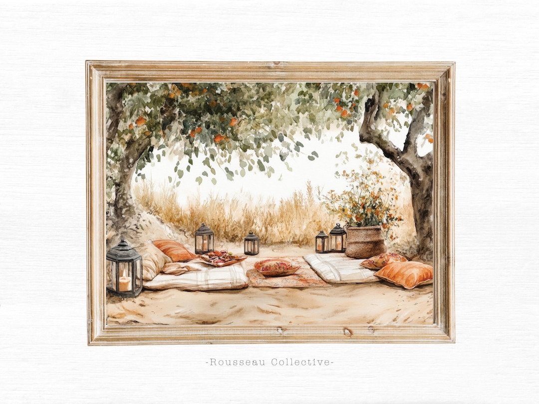 Boho Picnic Scene Art Print: Rustic Outdoor Lantern Decor - Etsy