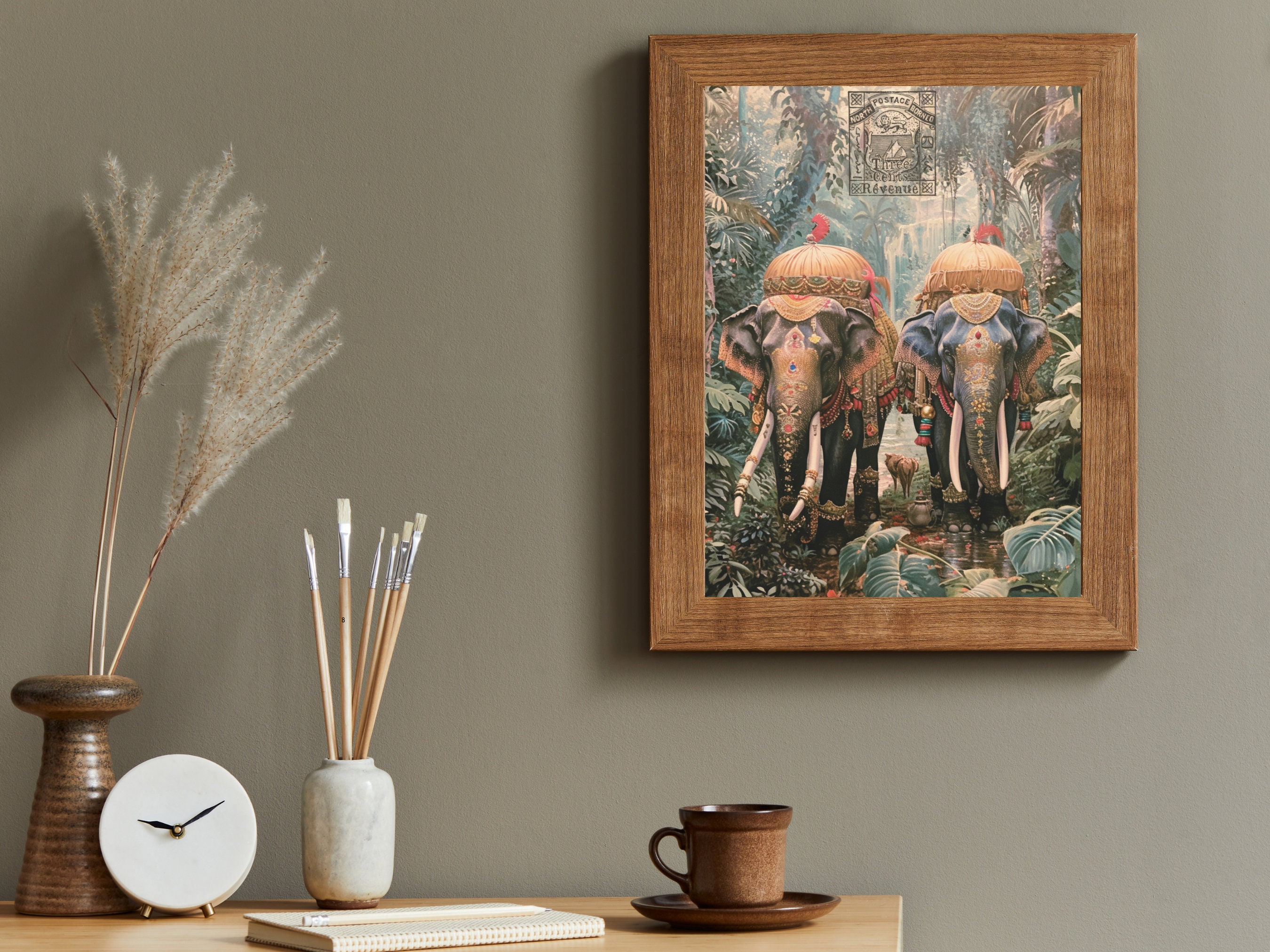 Vintage Antique Colonial Postcard, Jungle Elephant Print Wall Art ...