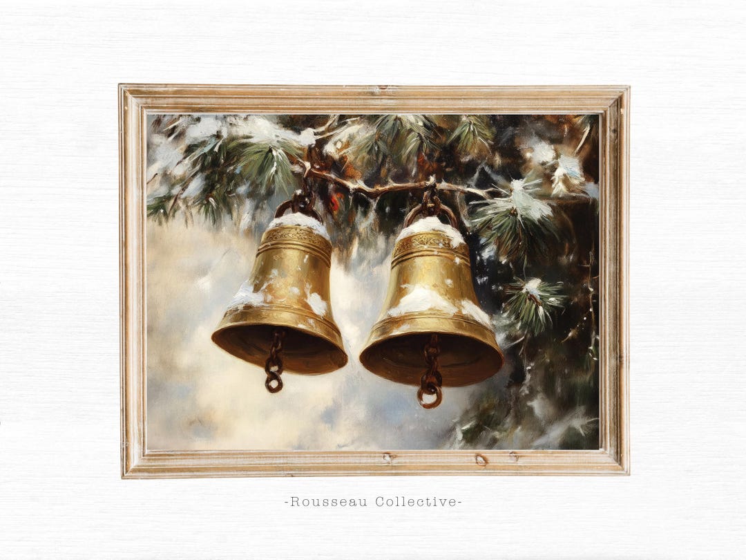 Vintage Christmas Bells Art Print – Snow-covered Golden Bells on Pine ...