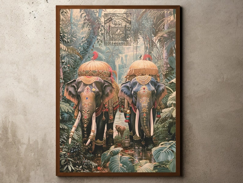 Vintage Antique Colonial Postcard, Jungle Elephant Print Wall Art ...