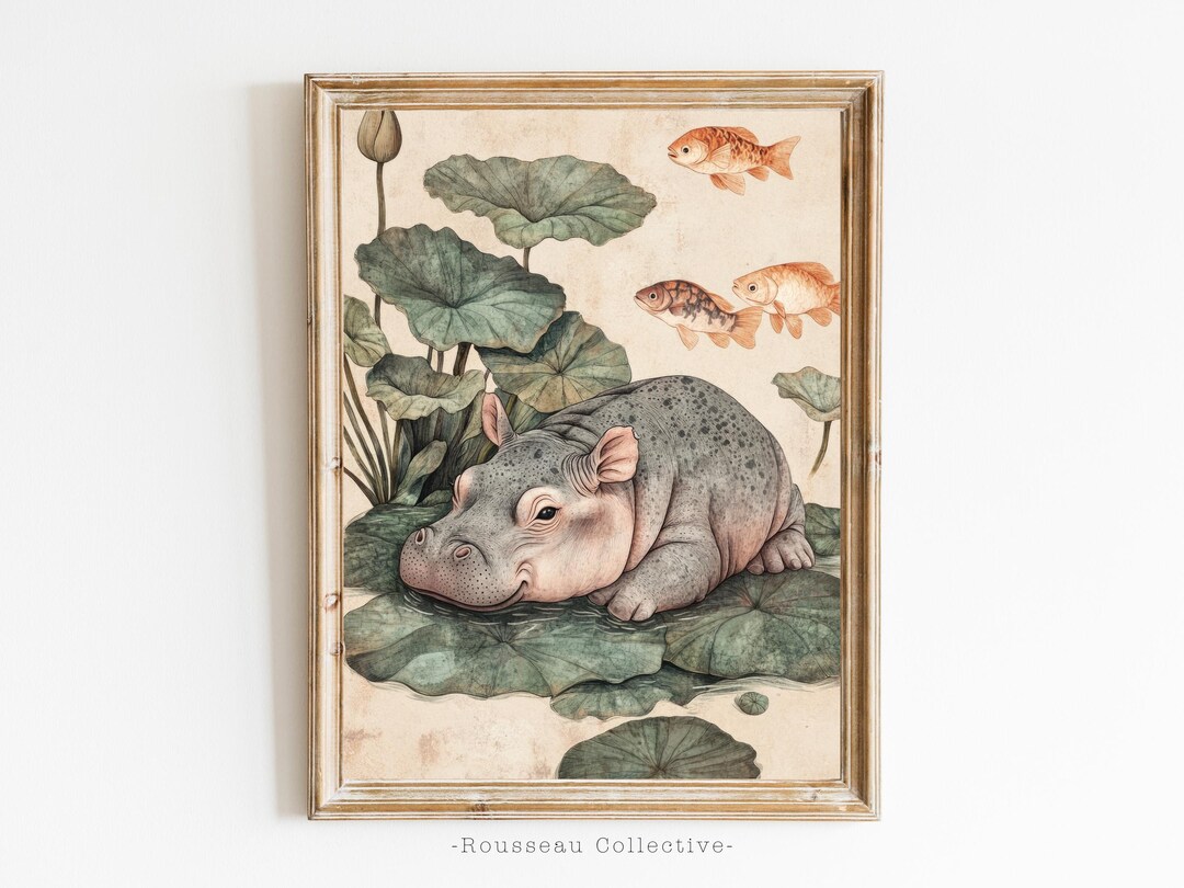 Hippo Lily Pads Art Print: Whimsical Wildlife Illustration - Etsy