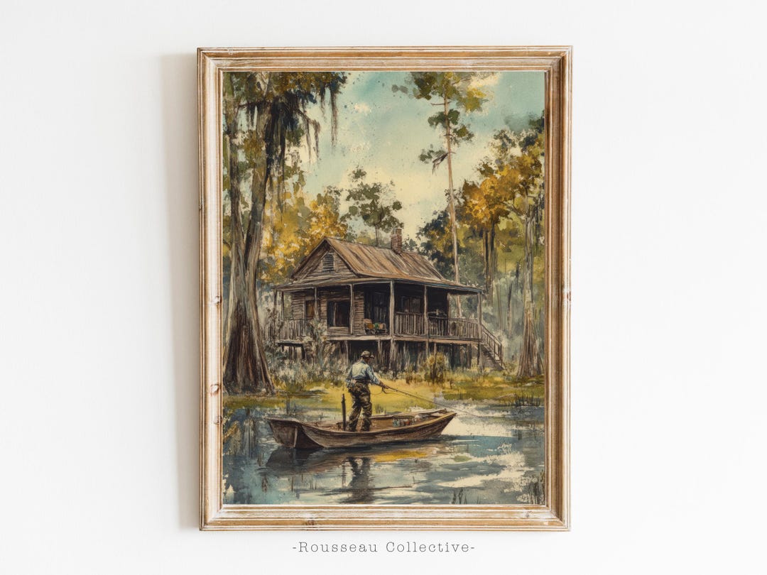 Rustic Bayou Cabin Art Print: Serene Woodland Scene With Fisherman and ...
