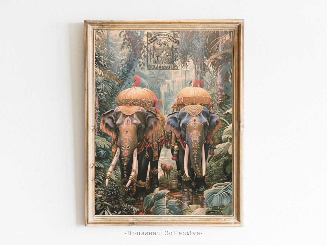 Vintage Antique Colonial Postcard, Jungle Elephant Print Wall Art ...