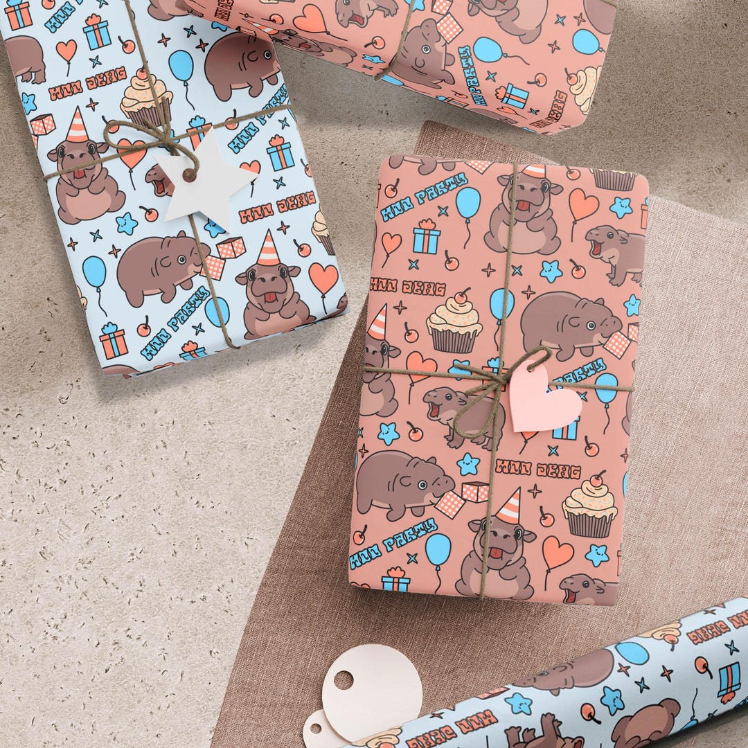 Moo Deng Birthday Print Rolled Wrapping Paper - Cute Baby Hippo Meme ...