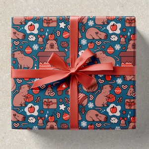 Cute Capybara Christmas Wrapping Paper Roll - Kawaii Animal Holiday ...