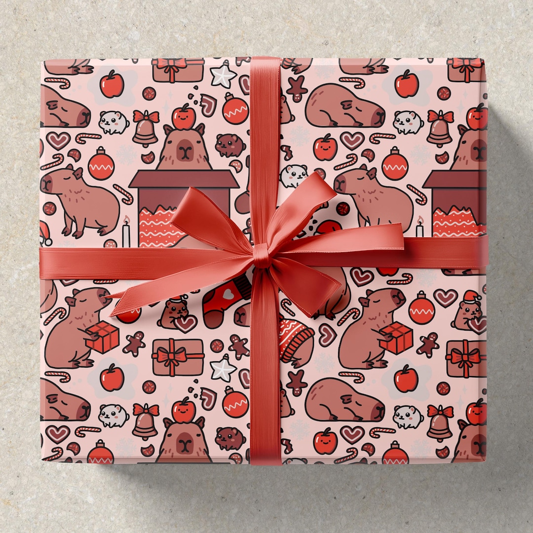 Cute Capybara Christmas Wrapping Paper Roll - Kawaii Animal Holiday ...