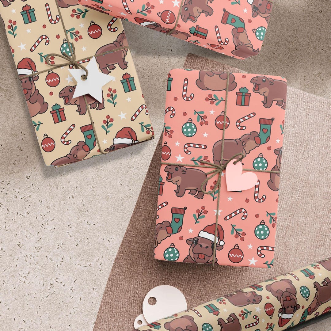 Christmas Moo Deng Print Rolled Wrapping Paper - Cute Baby Hippo Meme ...