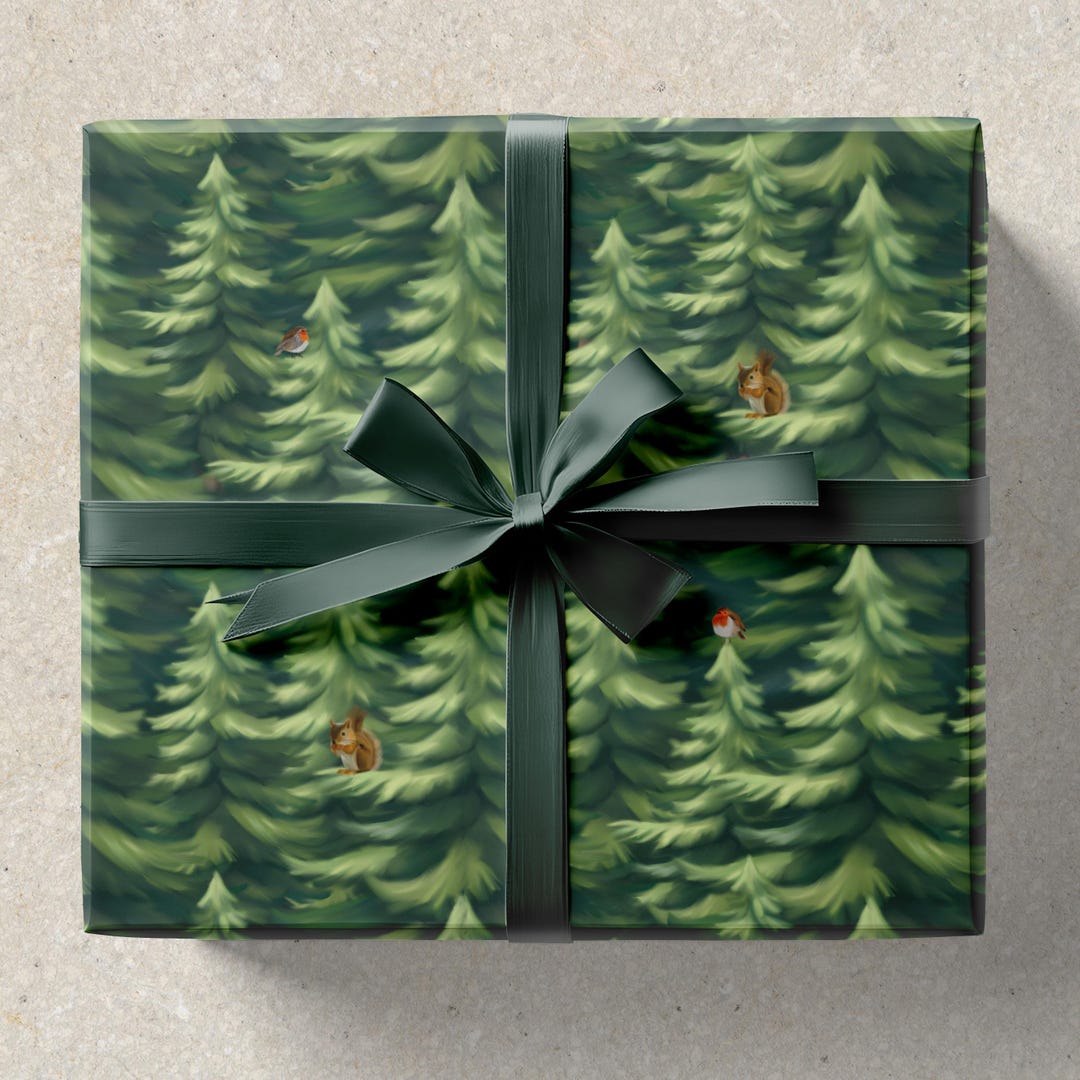 Pine Tree Wrapping Paper With Squirrels & Birds – Seamless Green ...