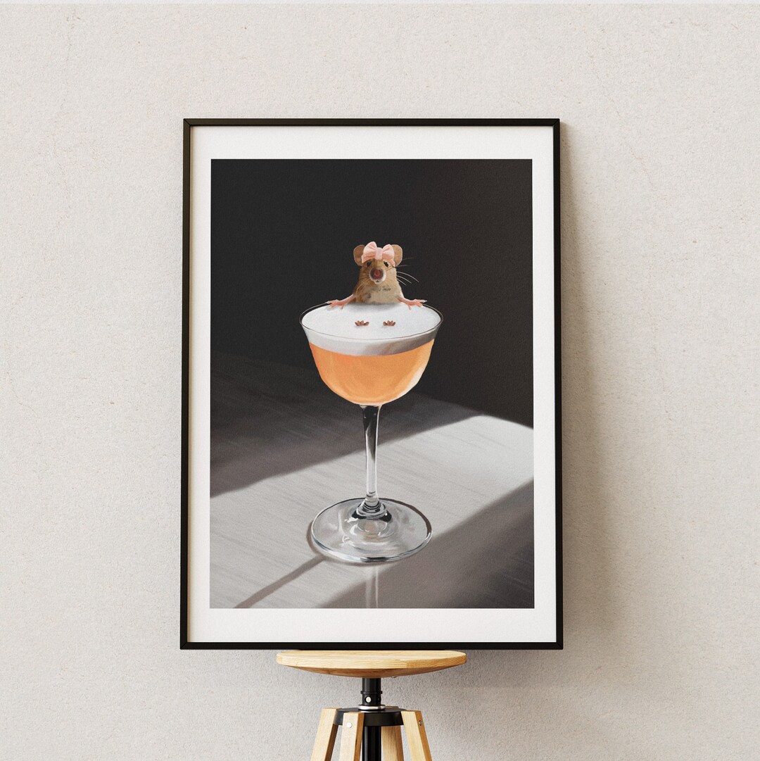 Cute Mouse Bathing in Pink Cocktail – Whimsical Animal Painting for ...