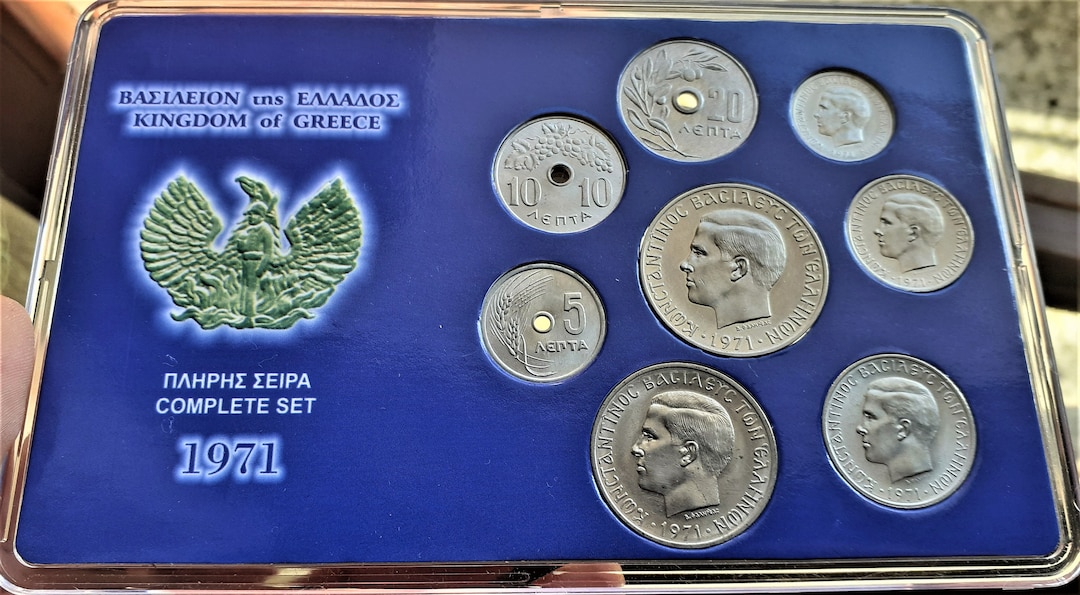 8 Coins From Greece 1971 Complete Set King Constantine Drachmas AU ...