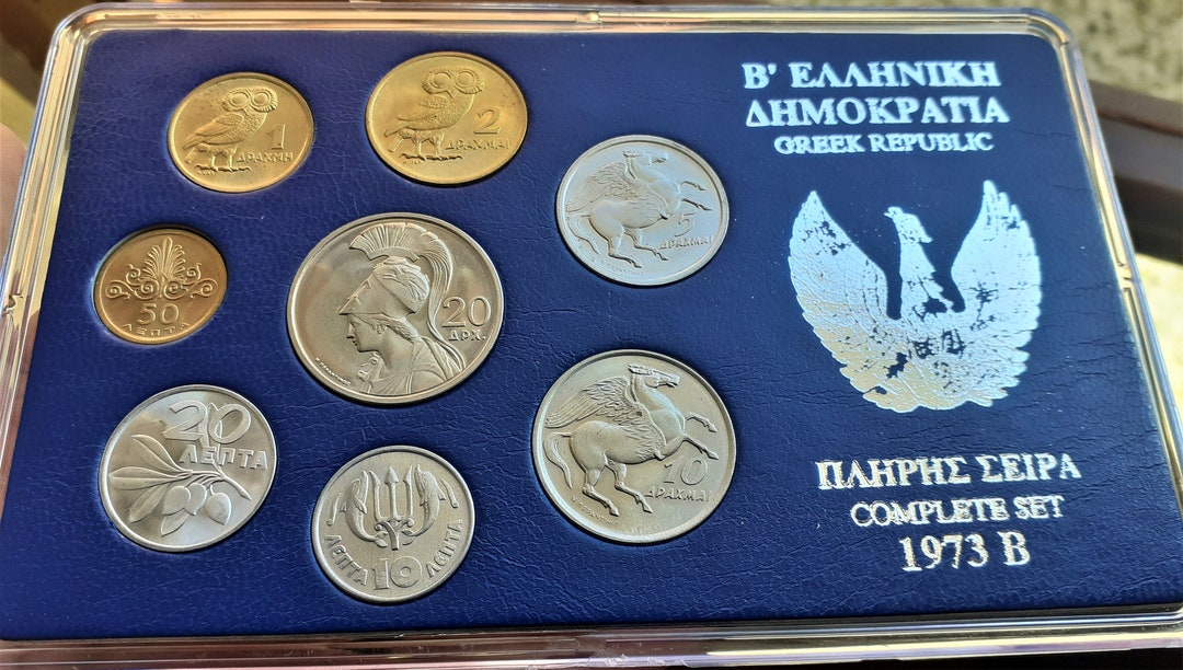 8 Coins From Greece 1973B Complete Set With Athena and Owl Drachmas AU ...