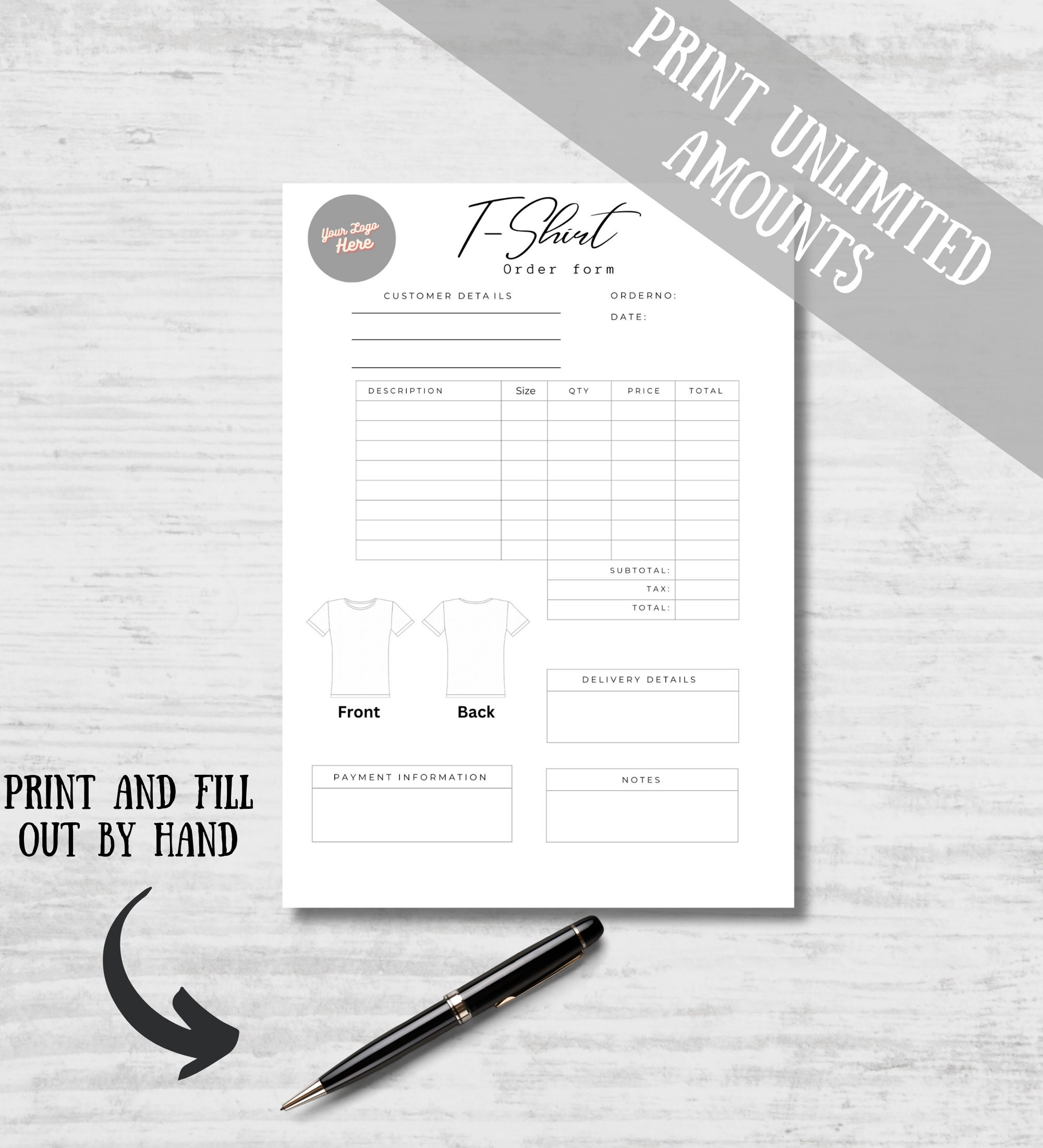 Editable T-shirt Order Form Template, Printable Small Business Order ...