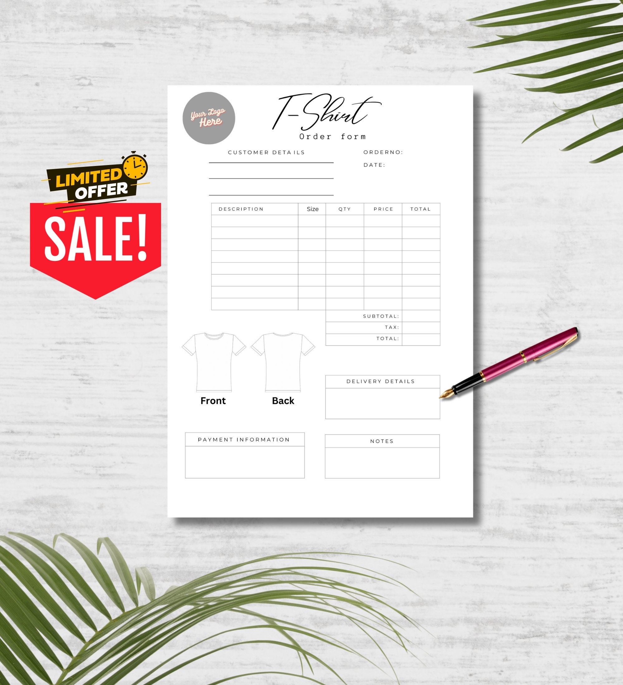 Editable T-shirt Order Form Template, Printable Small Business Order ...