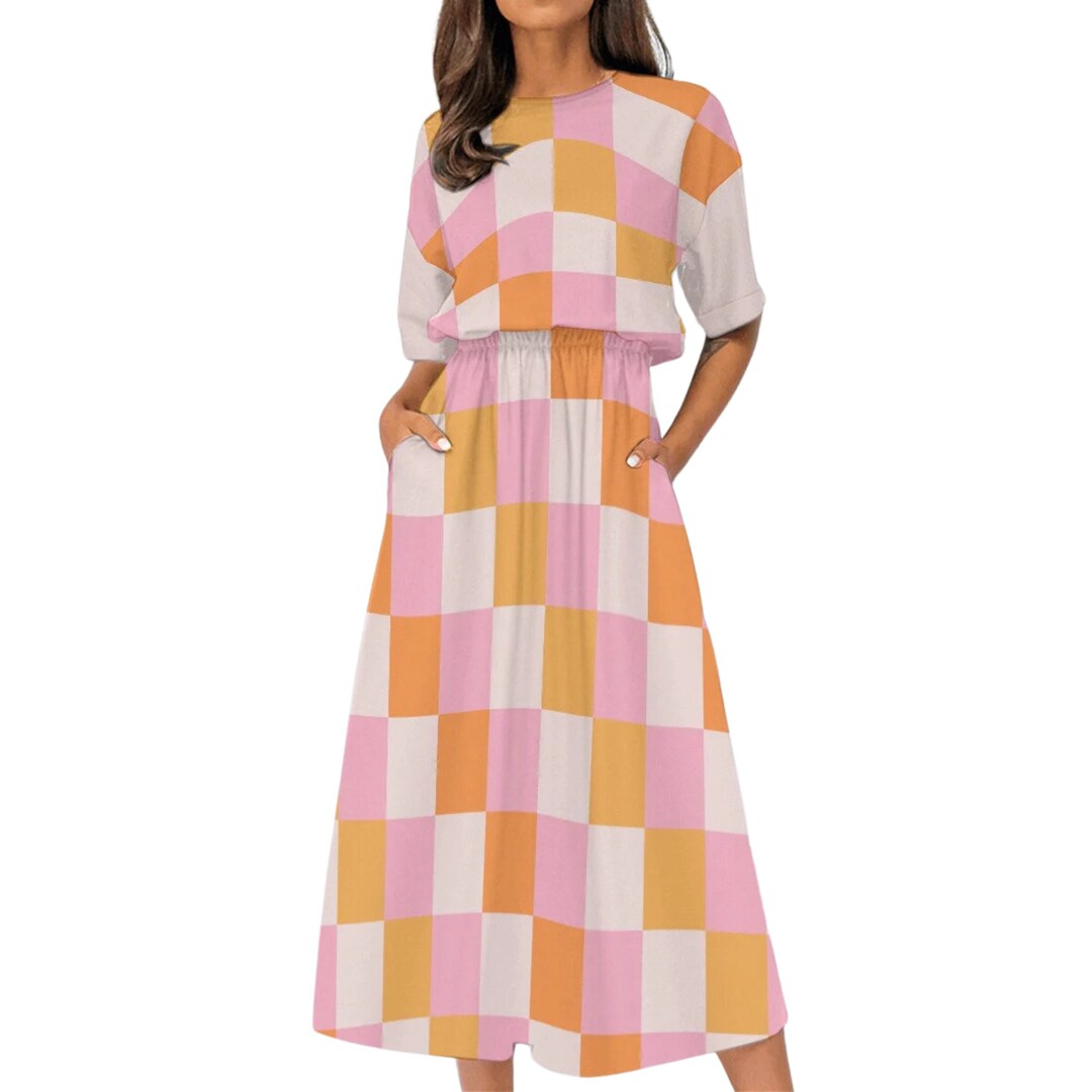 Retro Checkered Dress Fashionable Dress Elastic Waist Dress With ...