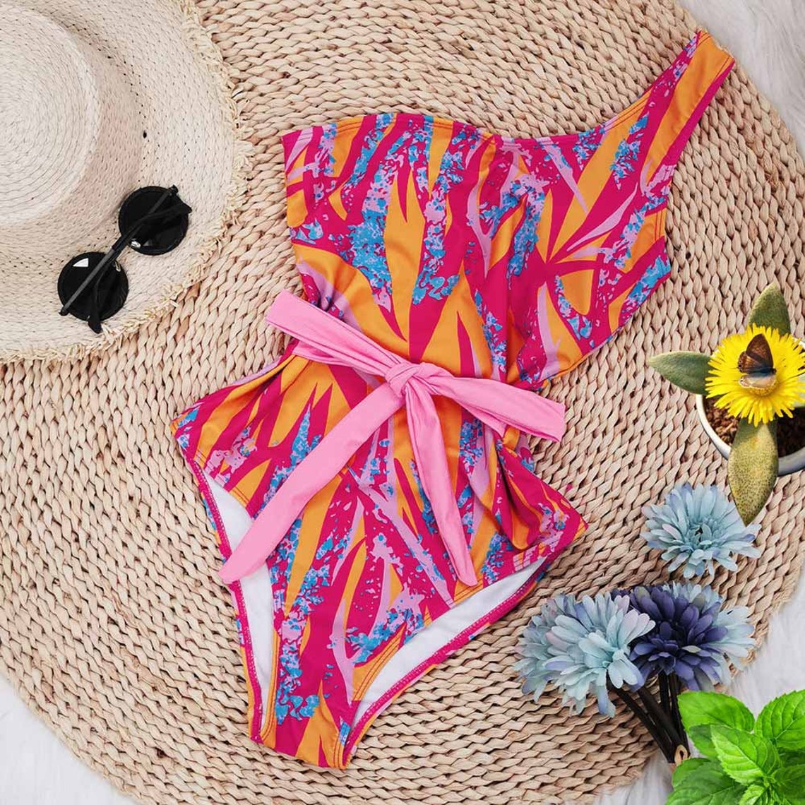 Women One Piece Bikini Colorful Bikinis One Shoulder Swim Hot Bikini ...