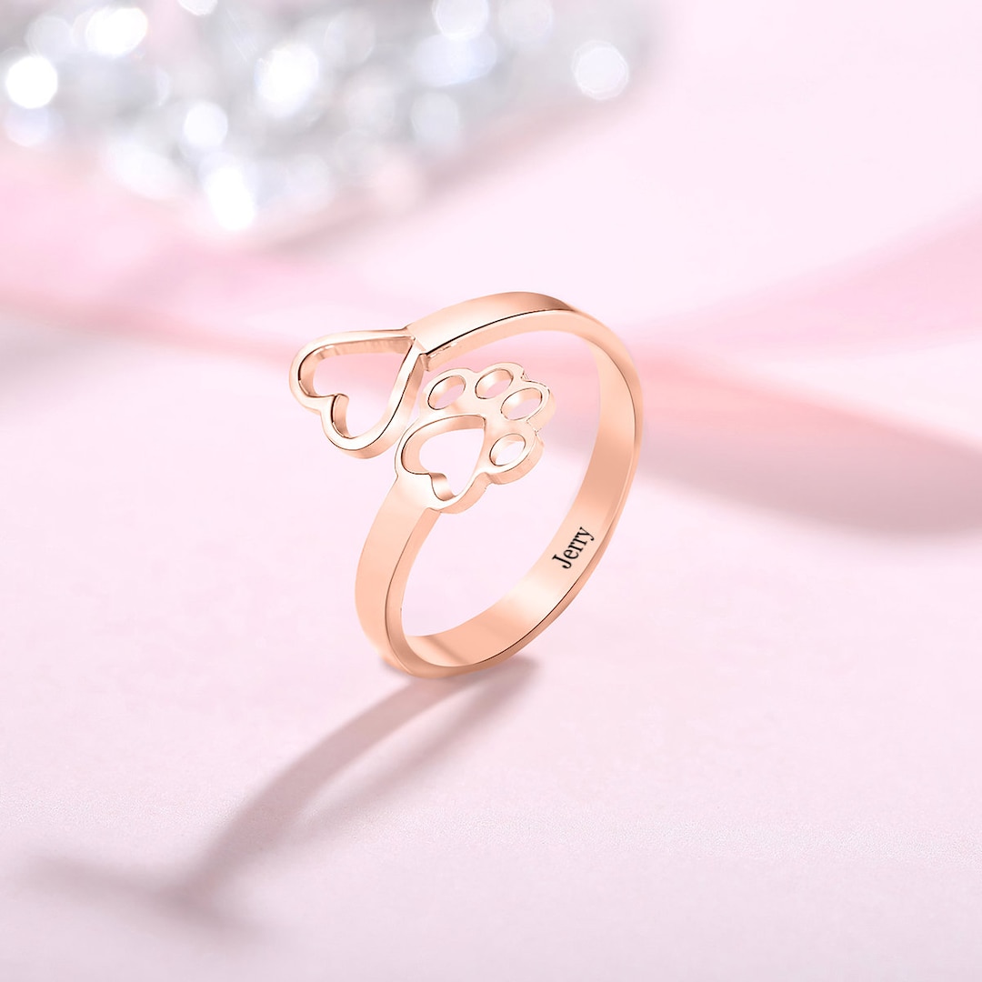 Dog Paw Adjustable Ring With Custom Engraved Name Custom Pet Name Ring ...