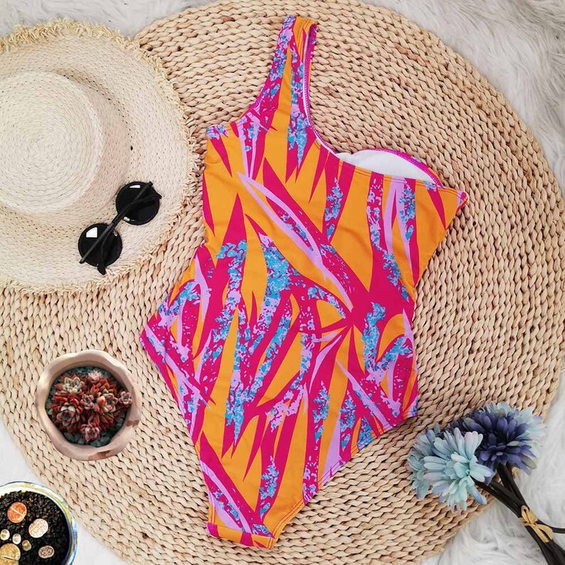 Women One Piece Bikini Colorful Bikinis One Shoulder Swim Hot Bikini ...