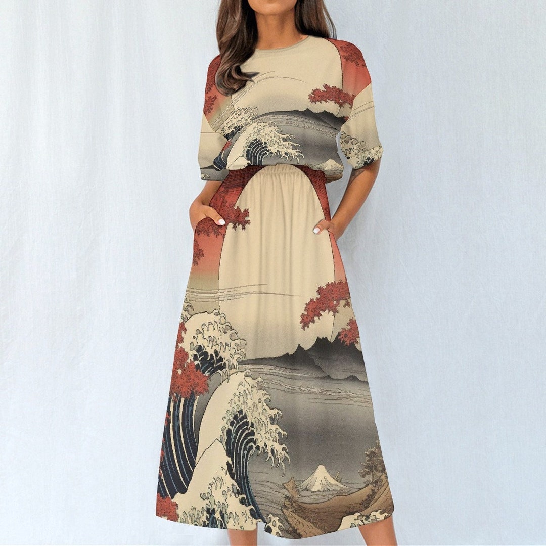 Japanese Dress Elastic Waist Dress Modern Casual Dress With Pockets ...