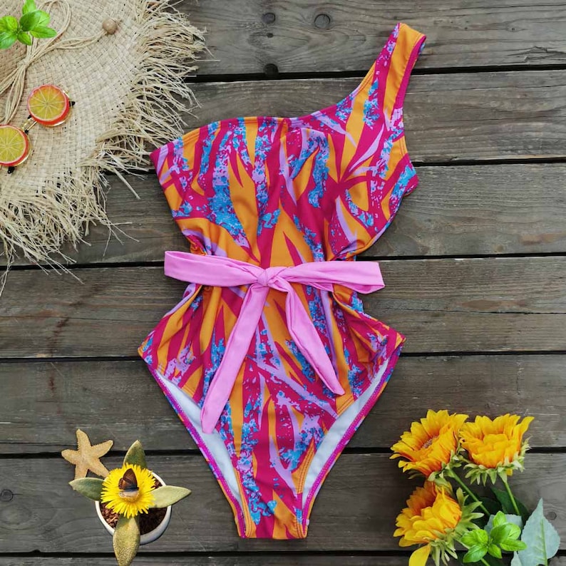 Women One Piece Bikini Colorful Bikinis One Shoulder Swim Hot Bikini ...
