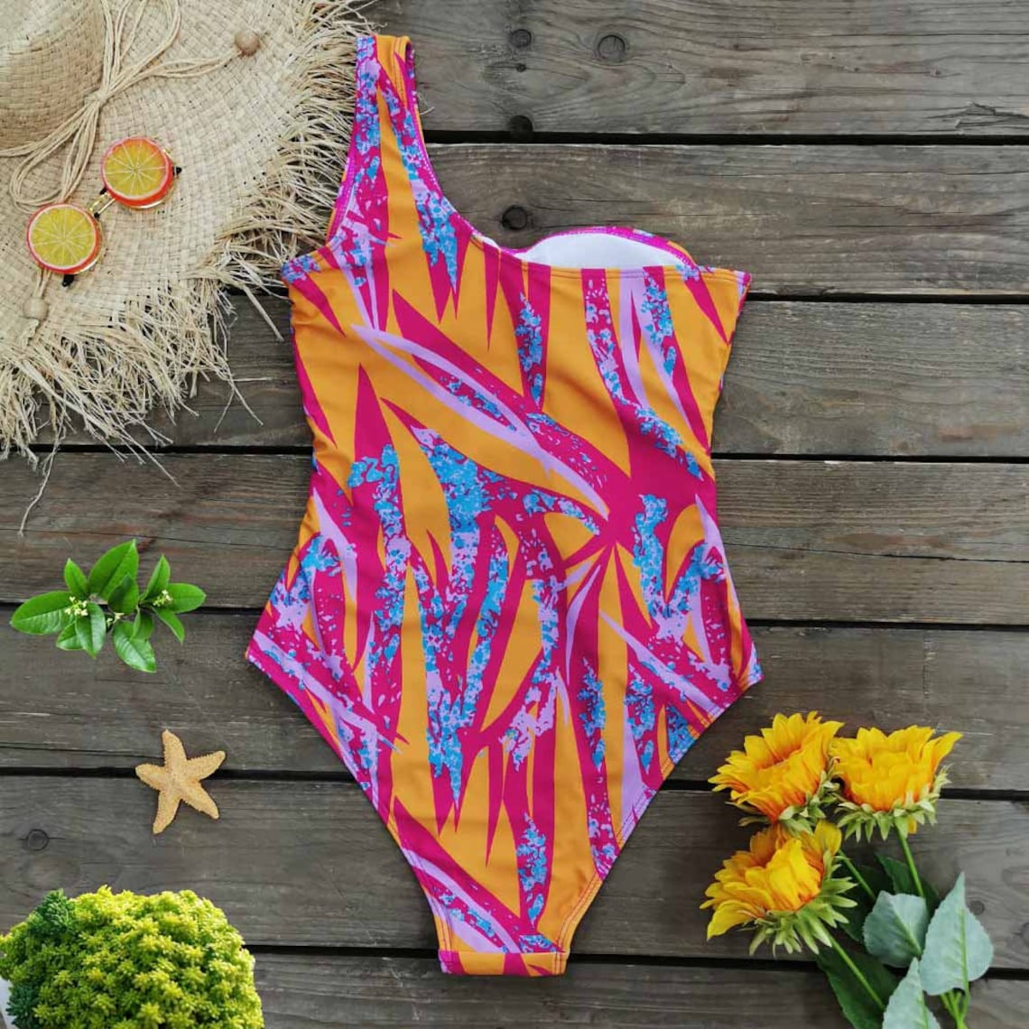 Women One Piece Bikini Colorful Bikinis One Shoulder Swim Hot Bikini ...