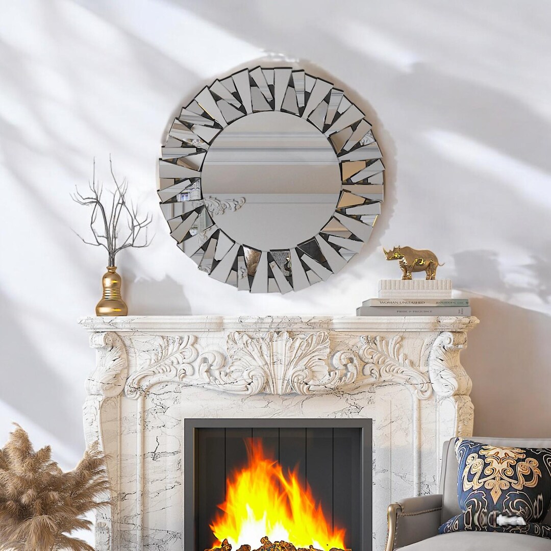 32" Round Sunburst Wall Mirror – Modern Silver Beveled Glass Wall Decor ...