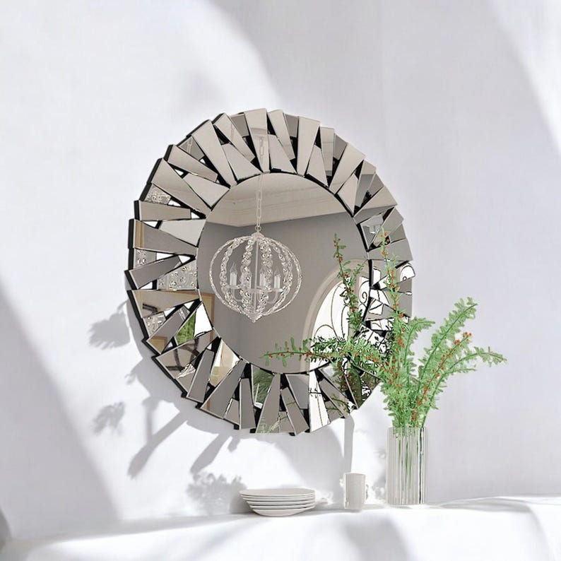 32" Round Sunburst Wall Mirror – Modern Silver Beveled Glass Wall Decor ...