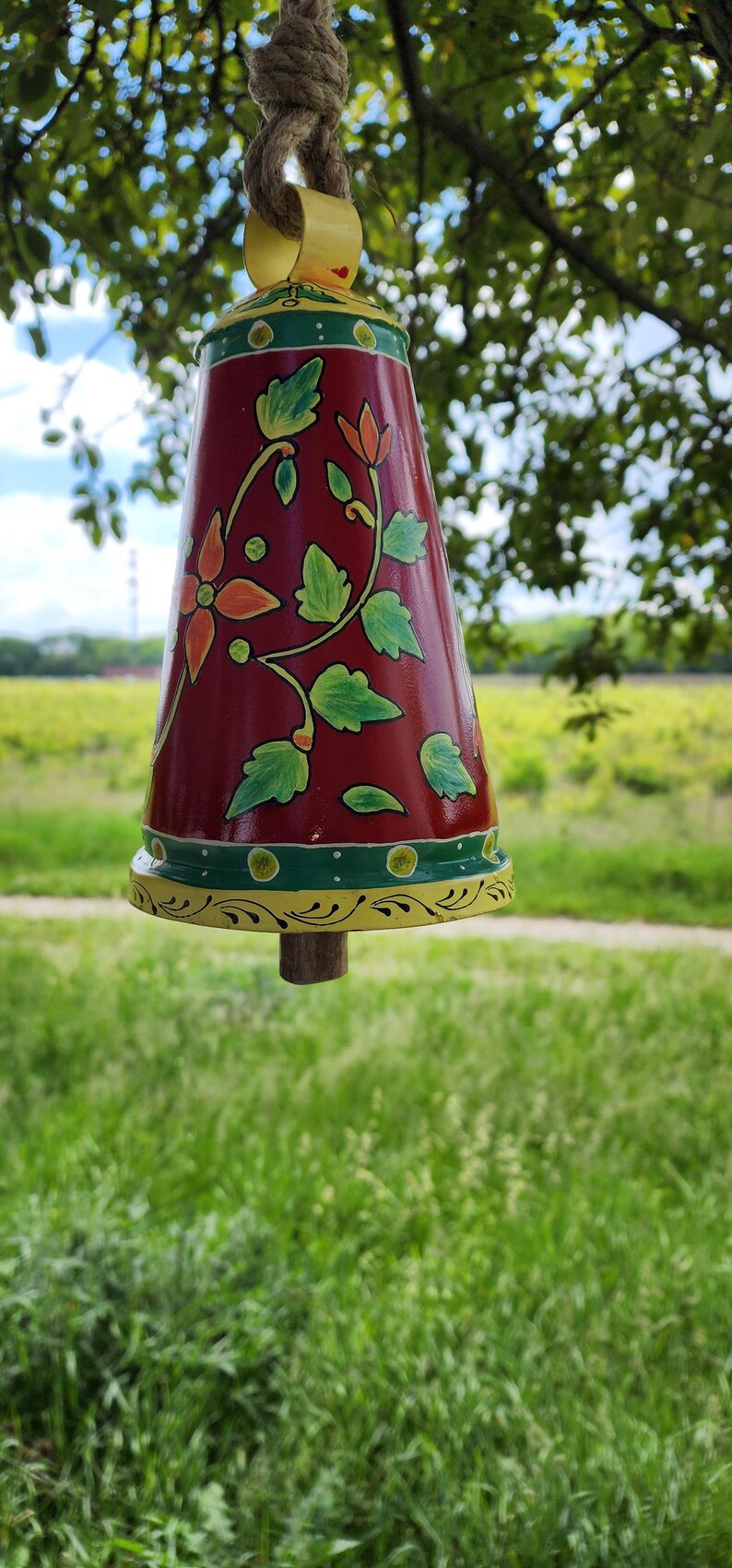 Rustic Hand-painted Metal Bell Wind Chime – Floral Farmhouse Garden ...