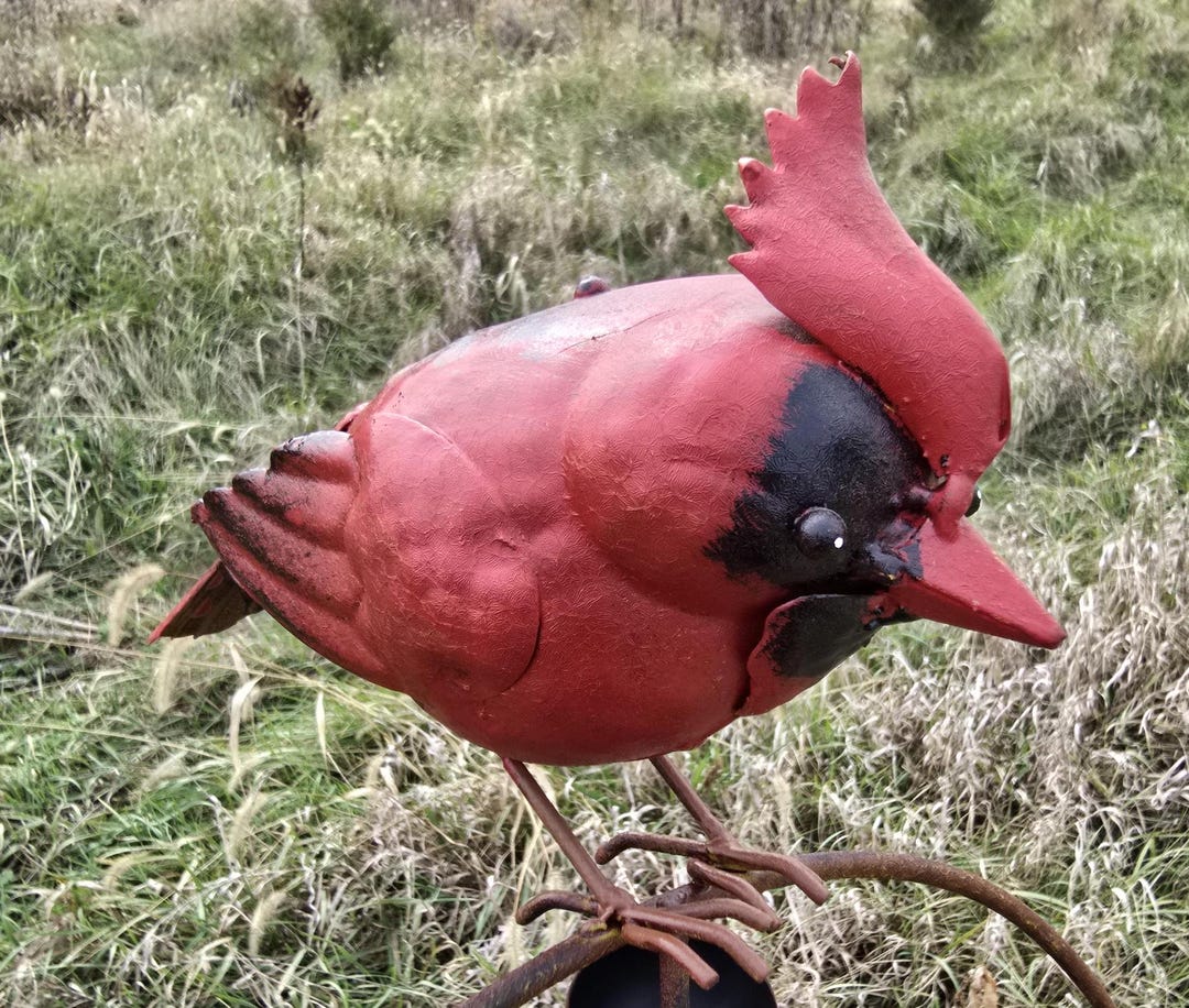 Kinetic Red Cardinal Yard Stake Balancer, Rustic Metal Rocker Garden ...