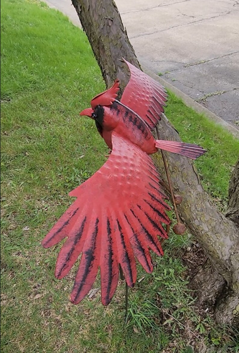 Handcrafted Red Cardinal Yard Stake kinetic Garden Wind Spinner Rustic ...