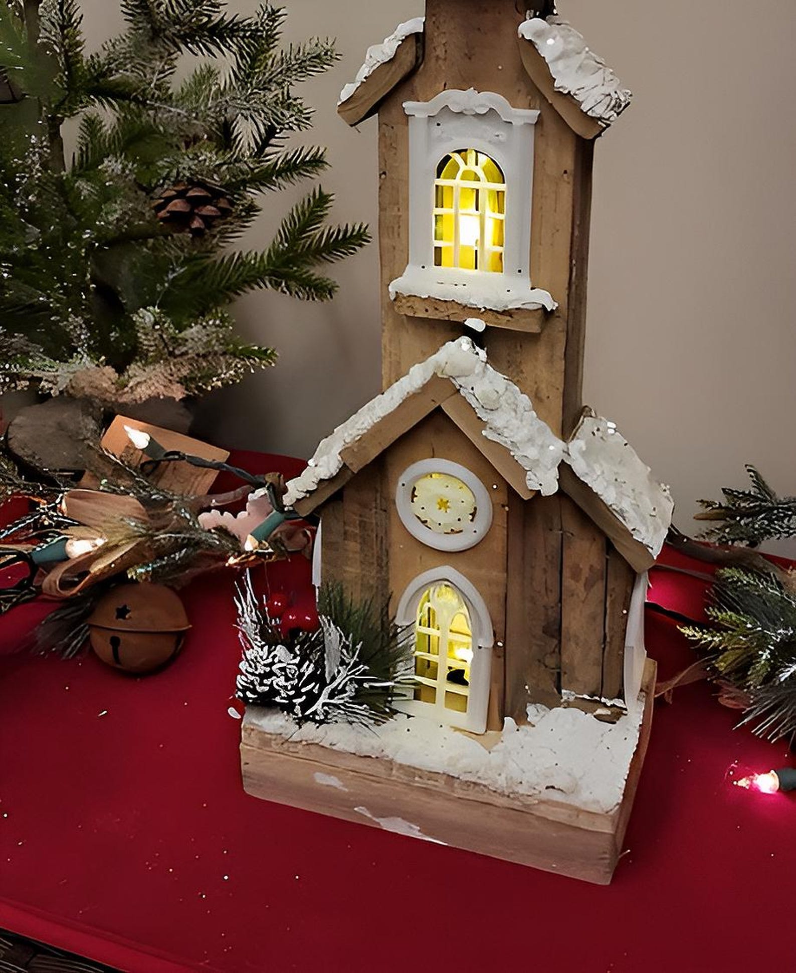 Wooden Led Light-up Church, Religious Decor Gift, Handmade Snow-covered ...