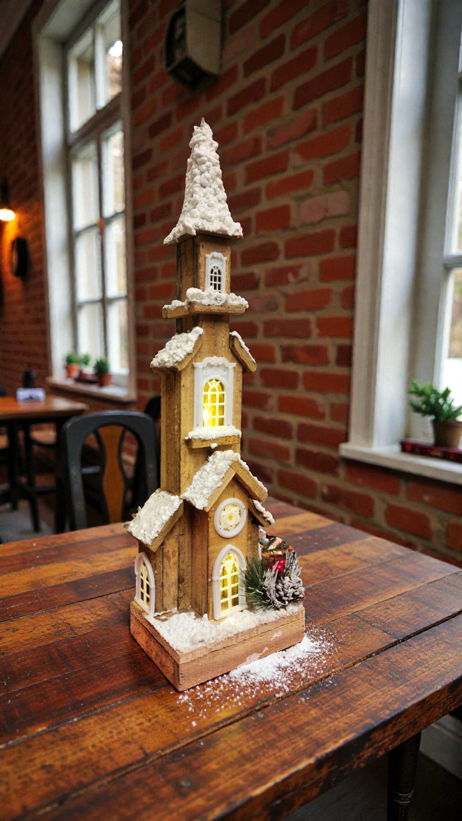 Wooden Led Light-up Church, Religious Decor Gift, Handmade Snow-covered ...