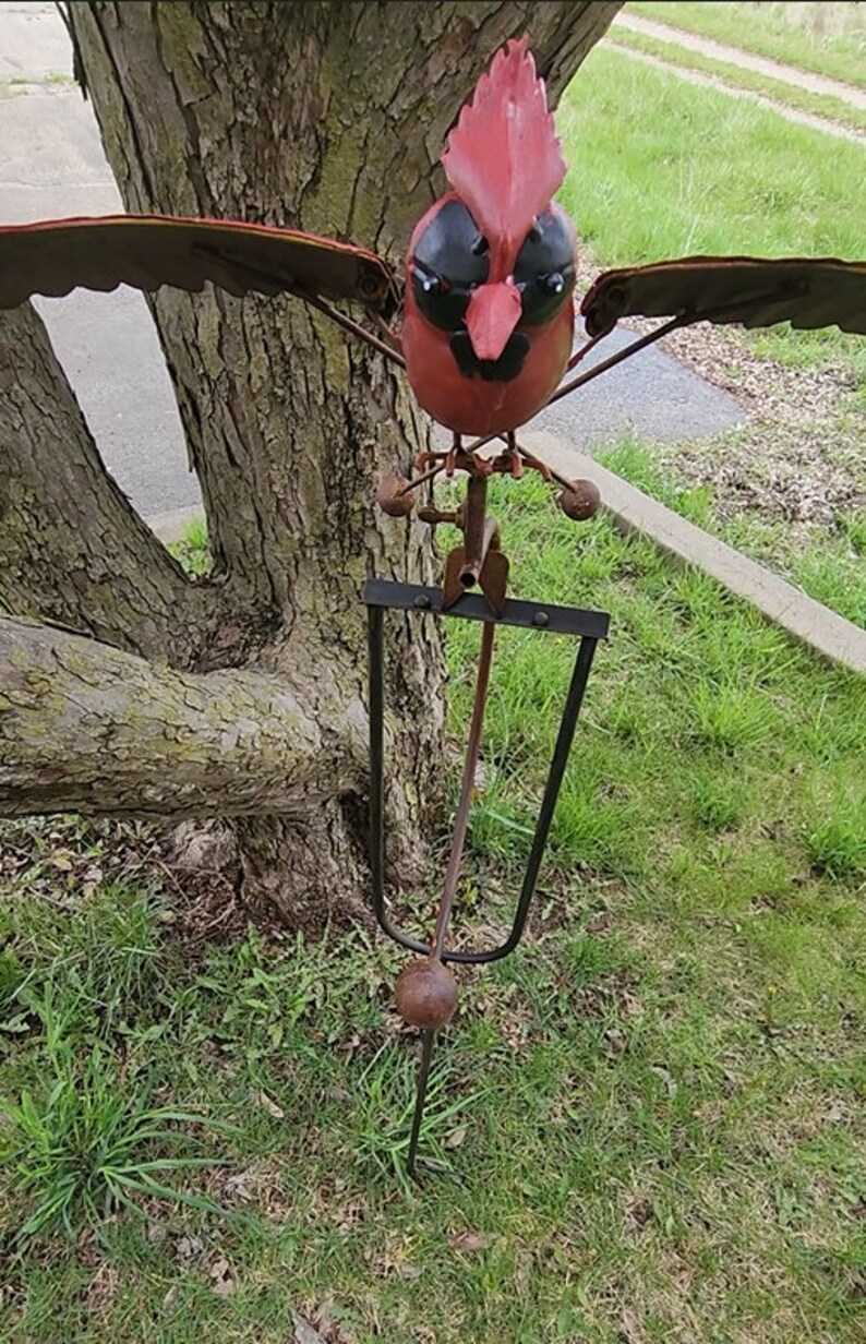 Handcrafted Red Cardinal Yard Stake kinetic Garden Wind Spinner Rustic ...