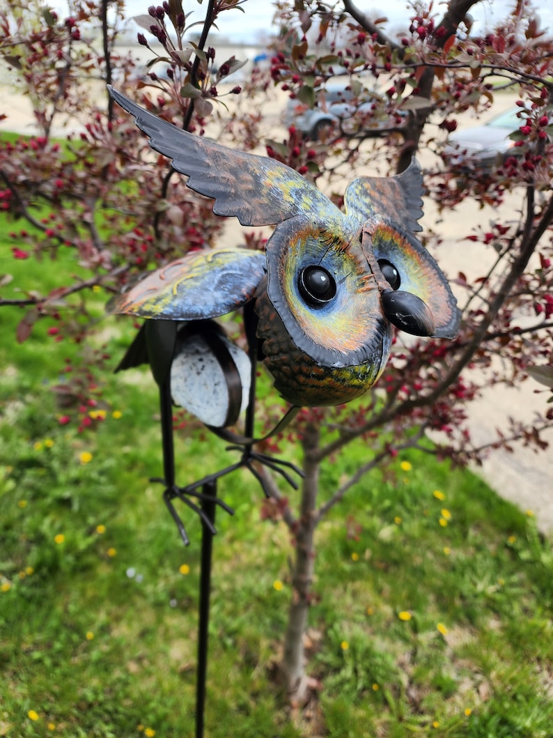 Oliver the Kinetic-rocking Owl Yard Stake- Metal Rustic Bird, Outdoor ...
