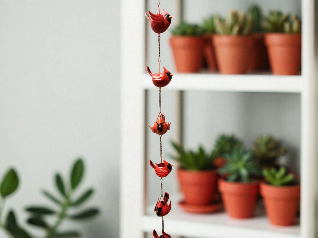 Whimsical Red Cardinal Rain Chain, Metal Bird Garden Decor, Outdoor ...
