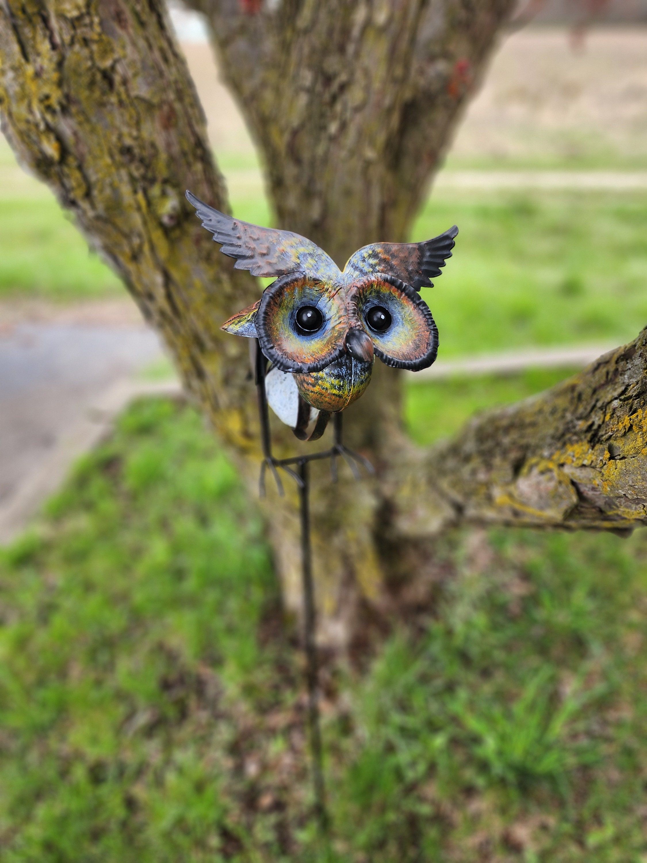 Oliver the Kinetic-rocking Owl Yard Stake- Metal Rustic Bird, Outdoor ...