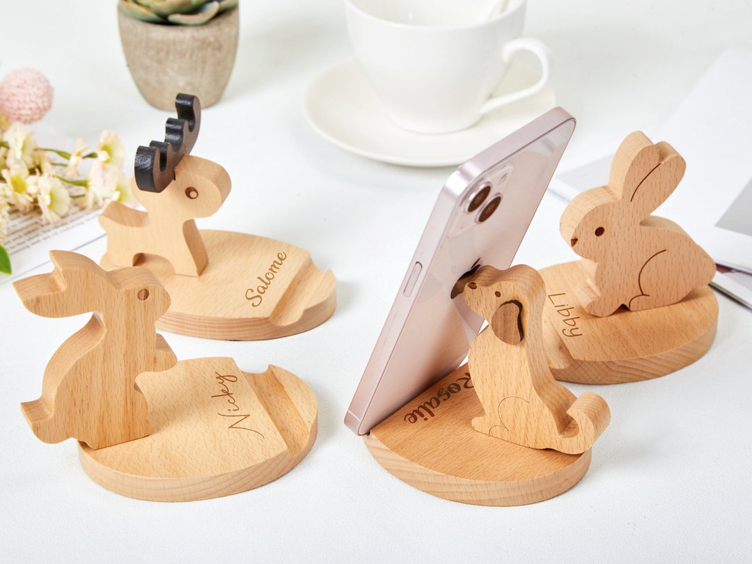 Personalized Wooden Animal Phone Holder, Engraved Name Phone Stand ...