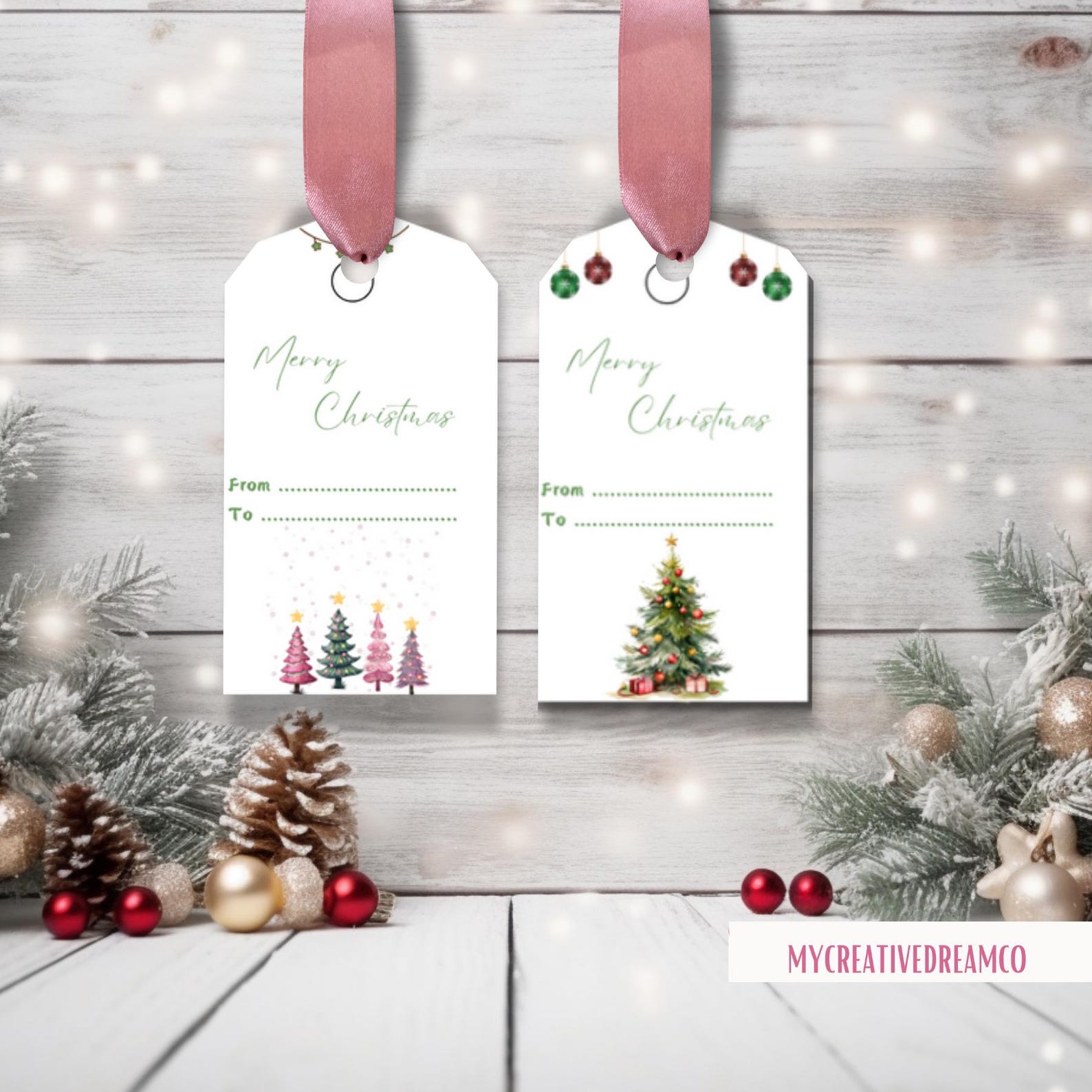 Merry Christmas Tag, Green Christmas Tree Tag, Pink Christmas Tree Tag ...