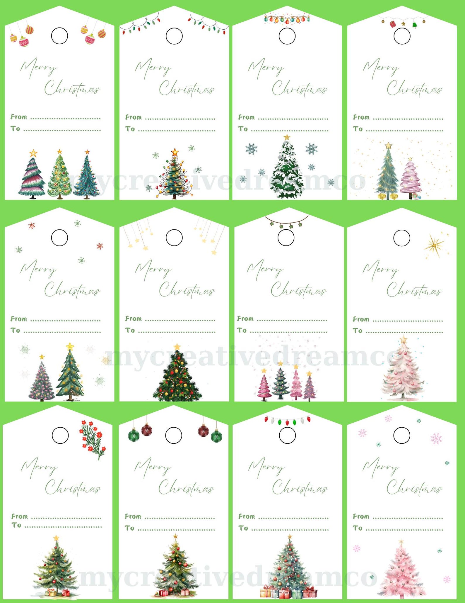 Merry Christmas Tag, Green Christmas Tree Tag, Pink Christmas Tree Tag ...