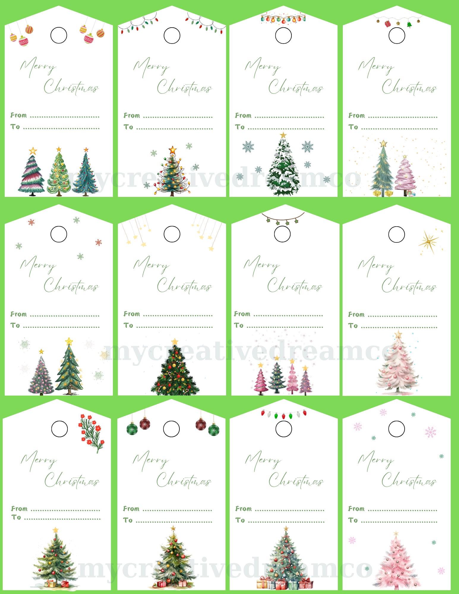 Merry Christmas Tag, Green Christmas Tree Tag, Pink Christmas Tree Tag ...