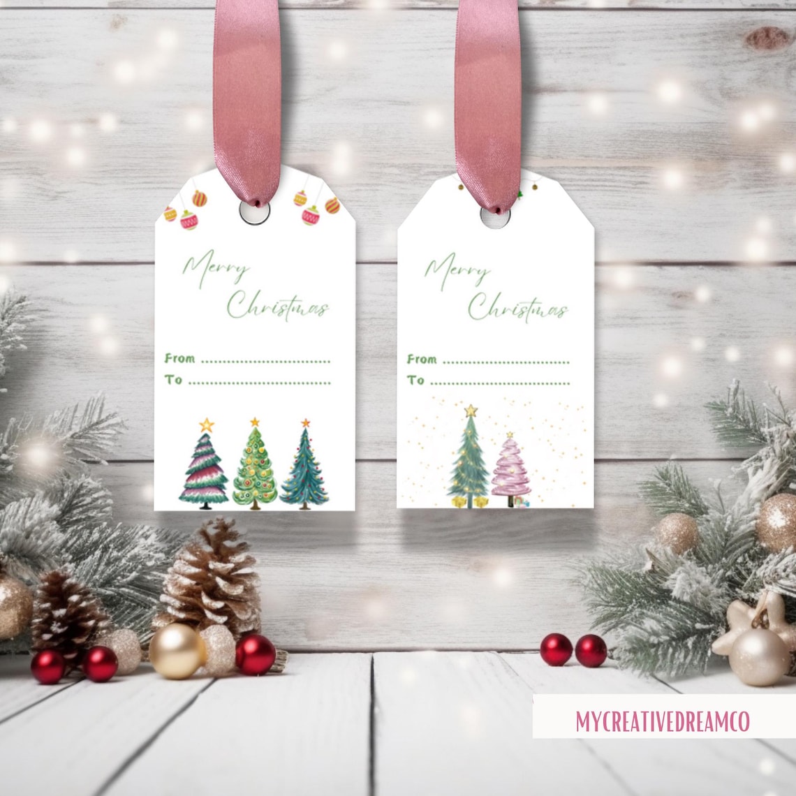 Merry Christmas Tag, Green Christmas Tree Tag, Pink Christmas Tree Tag ...
