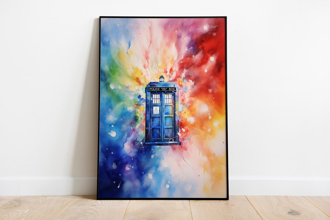 Timeless Elegance: TARDIS Watercolor Poster Print on Dazzling Rainbow ...