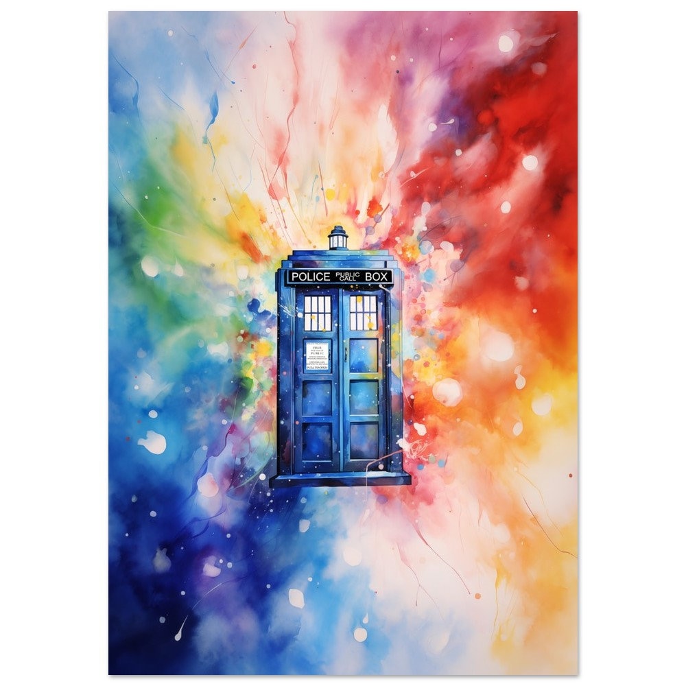 Timeless Elegance: TARDIS Watercolor Poster Print on Dazzling Rainbow ...