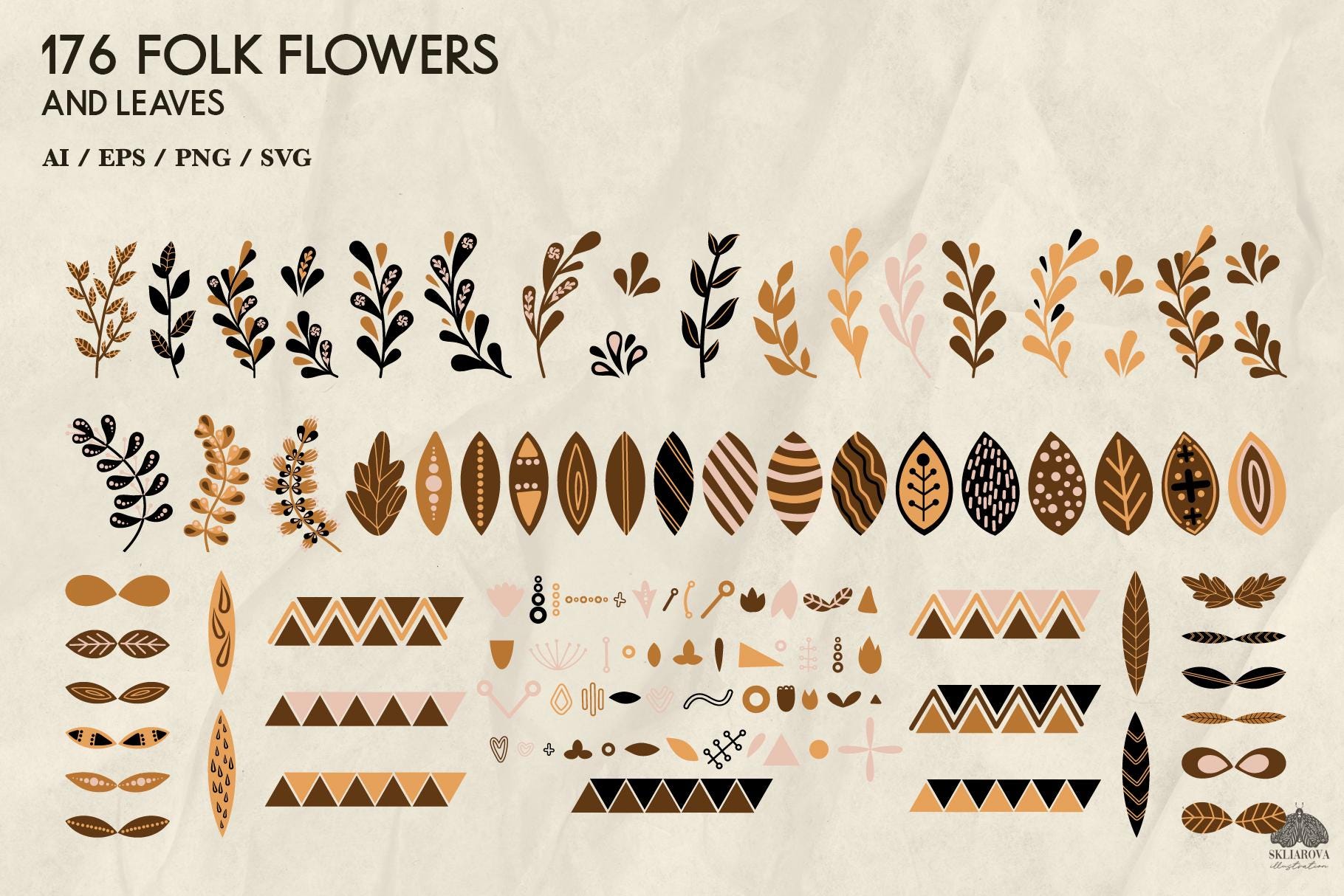 Folk Flowers SVG Set: 176 Scandinavian Botanical Illustrations (+ PNG ...